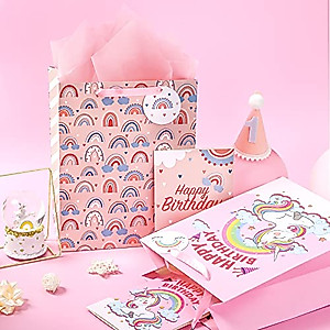 WRAPAHOLIC 13" Large Birthday Gift Bags with Card and Tissue Paper - 2 Pack for Kids Girl Birthday, Gift Wrap