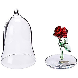 SWAROVSKI Beauty and the Beast Enchanted Rose, Red and Green Swarovski Crystal with Clear Base and Mouth-Blown Glass Bell Jar, Part of the Swarovski Beauty and the Beast Collection