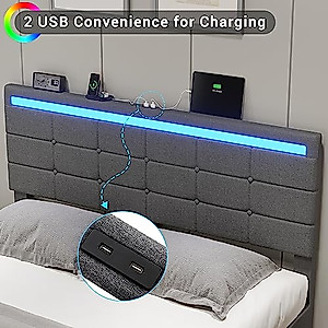 BTHFST LED Queen Bed Frame with 2 USB Charging Station,Bed Frame with Drawers,Bed Frame Queen Size with Adjustable Headboard,Queen Bed with Storage,No Box Spring Needed,Noise Free,Dark Grey