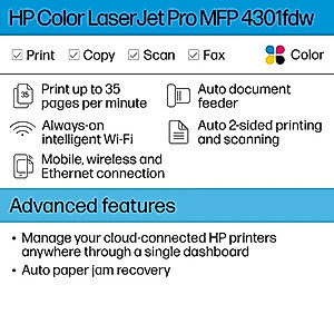 HP Color LaserJet Pro MFP 4301fdw Wireless Printer, Print, scan, copy, fax, Fast speeds, Easy setup, Mobile printing, Advanced security, Best-for-small teams, white, 16.6 x 17.1 x 15.1 in