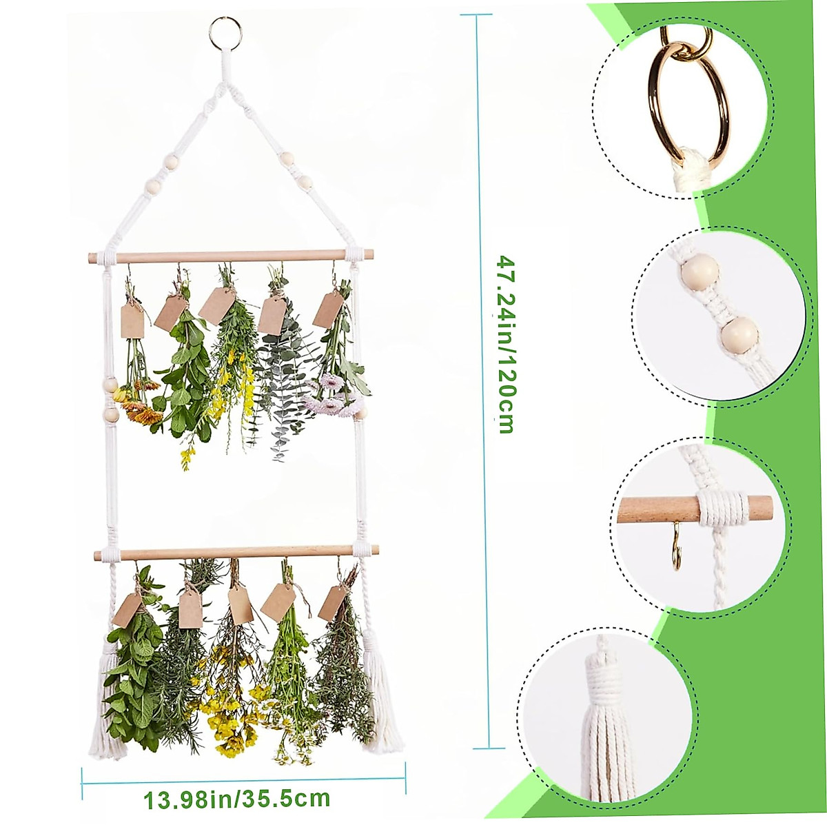 SWEETBIUTI Herb Drying Rack 2Tier Wood and Cotton Safe Hand-Woven Herb Drying Rack Hanging Adjustable Flower Drying Rack with Detachable Hooks for Herb Dryer Wall Decor.