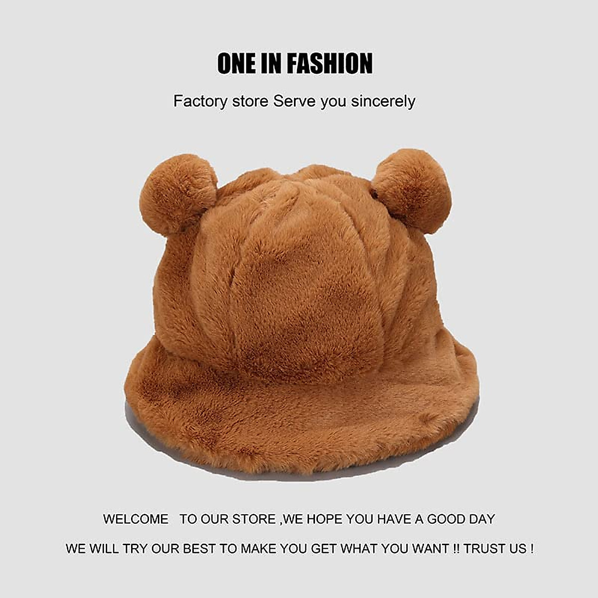 Kawaii Cute Bear Ear Fuzzy Bucket Hat for Women, Winter Warm Soft Fluffy Plush Faux Fur Fisherman Cap Foldable Aesthetic Hat (Brown)