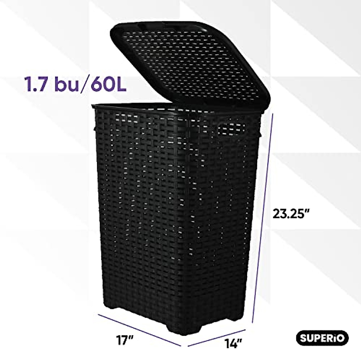 Laundry Hamper Basket With Lid 60 Liter -2 Pack Deluxe Wicker Style Black Color - 1.70 Bushel Bin With Cutout Handles To Storage Dirty Cloths in Washroom Bathroom, Or Bedroom. By Superio