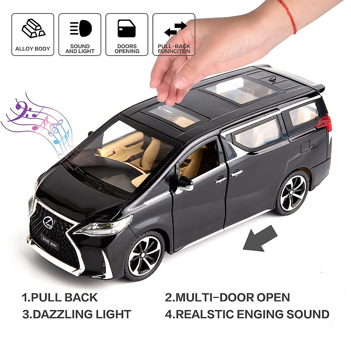 WAKAKAC Model Car 1/24 Lexus LM300 Alloy Pull Back Metal Collectible Toy Car with Light and Sound Toy Vehicle Door Can be Opened, Gift Black.