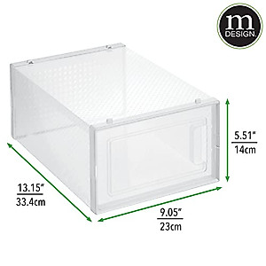 mDesign Stackable Plastic Closet Storage Box with Side Opening Panel- for Organizing Men's and Women's Shoes, Booties, Pumps, Sandals, Wedges, Flats, Heels, and Accessories, 8 Pack - White/Clear