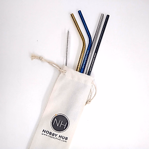 Reusable Stainless Steel Drinking Straws, Set of 4, 2 bent, 2 straight, all different colored, in Cloth Bag, and Free Cleaning brush, Help save the environment