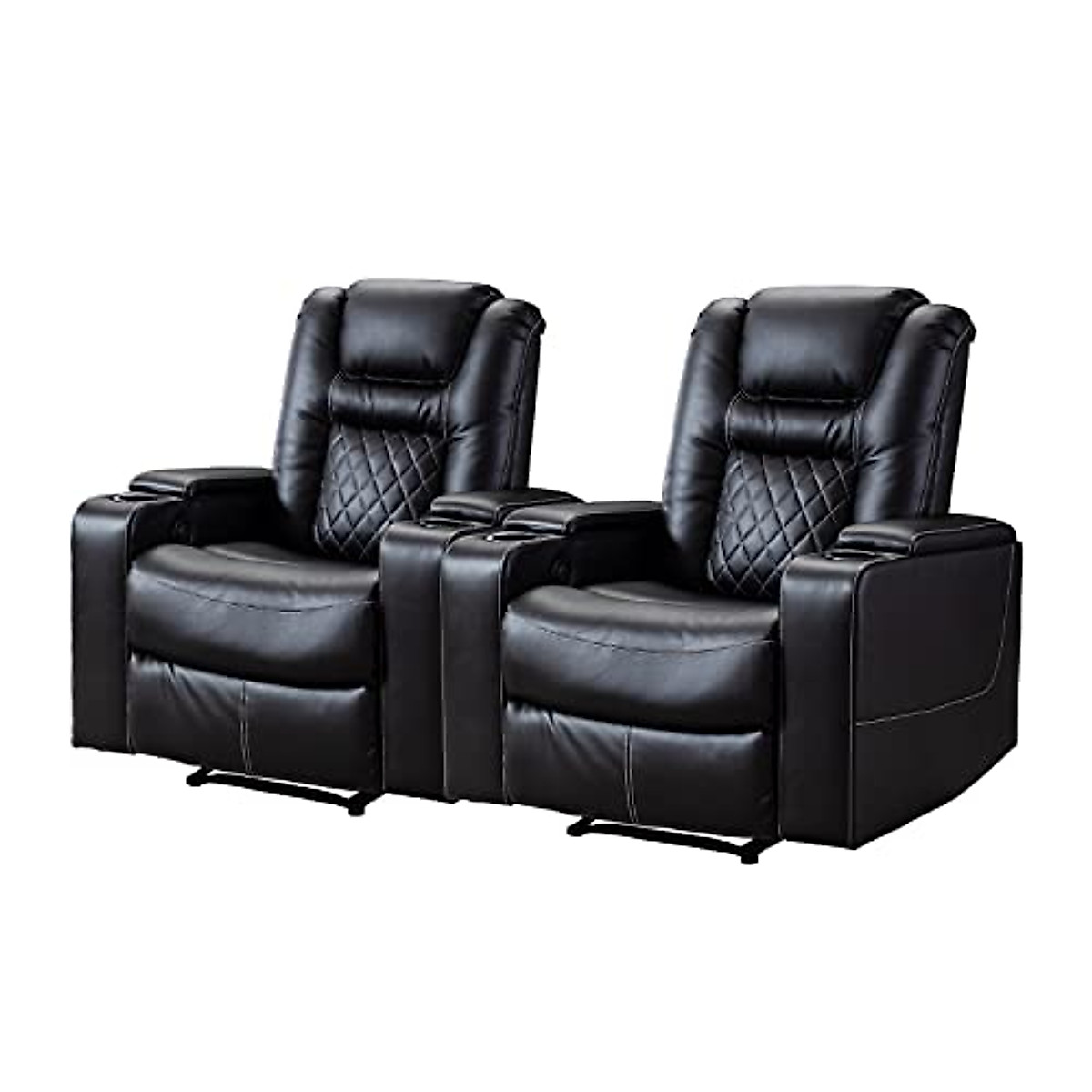 CANMOV Electric Recliner Chairs Set of 2, Power Recliner Chairs with USB Ports and Cup Holders, Breathable Leather Home Theater Seating with Hidden Arm Storage, Black