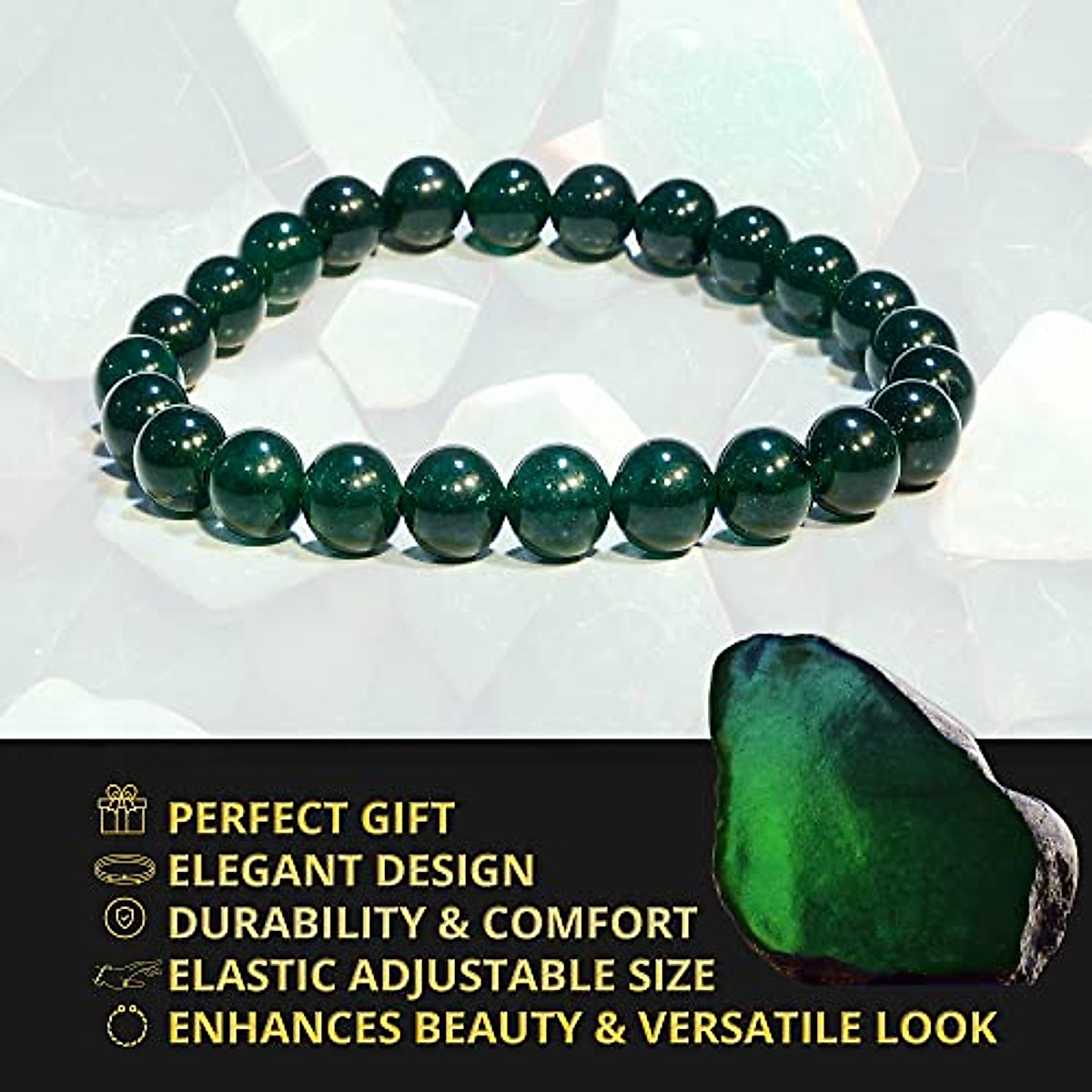 Natural Green Jade Bead Bracelet – Healing Crystal Bracelet for Women, Men, and Teens – 8mm Round Beaded Bracelets – Bring, Good Luck, Wealth, Prosperity – Unisex Stretch Gemstone Protection Bracelet