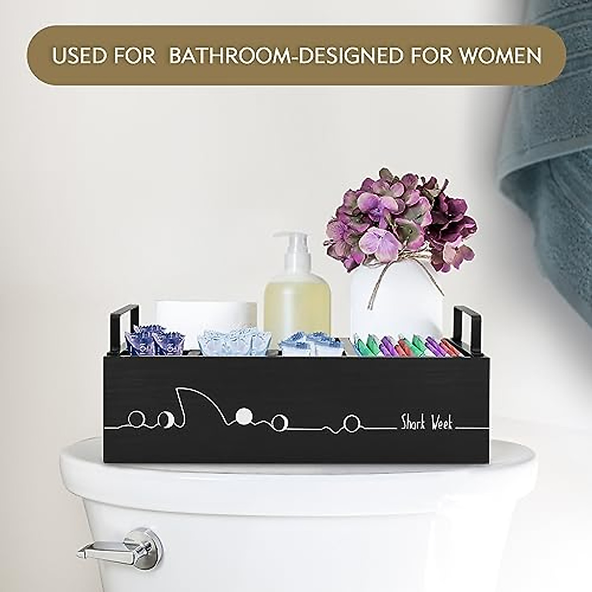 Wooden Tampon Holder for Bathroom, Shark Week Tampon Storage with Handles, Farmhouse Bathroom Storage Container for Underwear, Roll Paper, Wipes, Sanitary Tampon, Feminine Product Organizer, (Black 2)