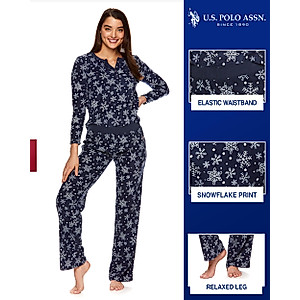 U.S. Polo Assn. Womens Pajama Sets, Snowflake Waffle Knit Pajama Sets for Women 2 Piece, Womens PJs Sets (Dark Navy, Medium)