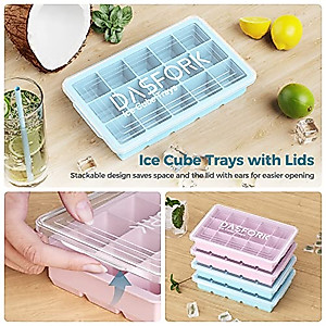 dasfork Ice Cube Trays 4 Pack, Food-grade Silicone Ice Cube Molds with Lid, Flexible Easy Release Silicone Trays for Freezer and Oven, BPA Free
