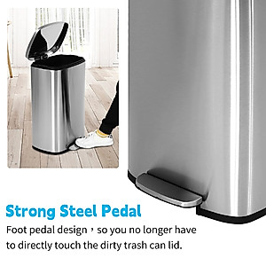 BLKMTY Trash Can 13 Gallon Trash Can Kitchen Trash Cans with Lid Stainless Steel Trash Bin Step Garbage Bin with Inner Bucket Pedal Rubbish Bin for Office Step-Open Steel Garbage Can, Silver