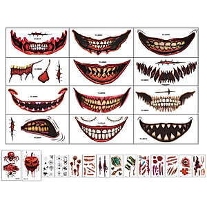 26pcs Halloween Face Big Mouth Fake Tattoos for Adults, Scary Prank Makeup Joker Temporary Tattoo Kit Women, Halloween Horror Clown Fake Face Stickers Kids (Big Face)