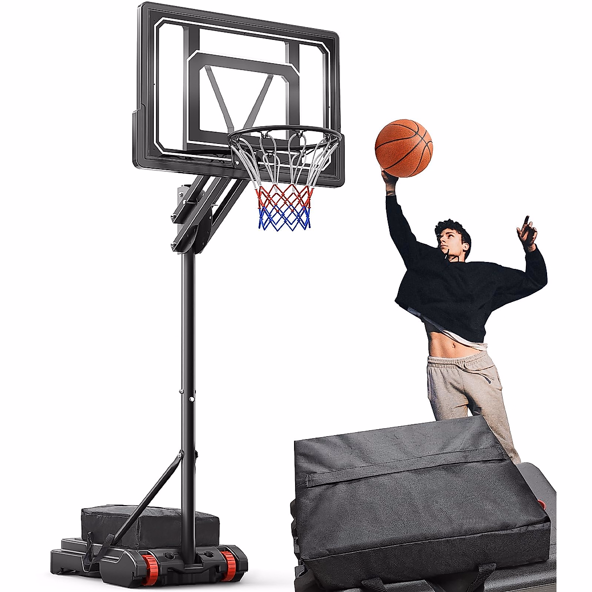 Atufare Portable Basketball Hoop Outdoor for Kids Youth - 5.5FT-9.5FT Easy Height Adjustable Stand System w/Shatterproof Backboard - Indoor Outside Basketball Goal Court with Free Weighted Bag, Black