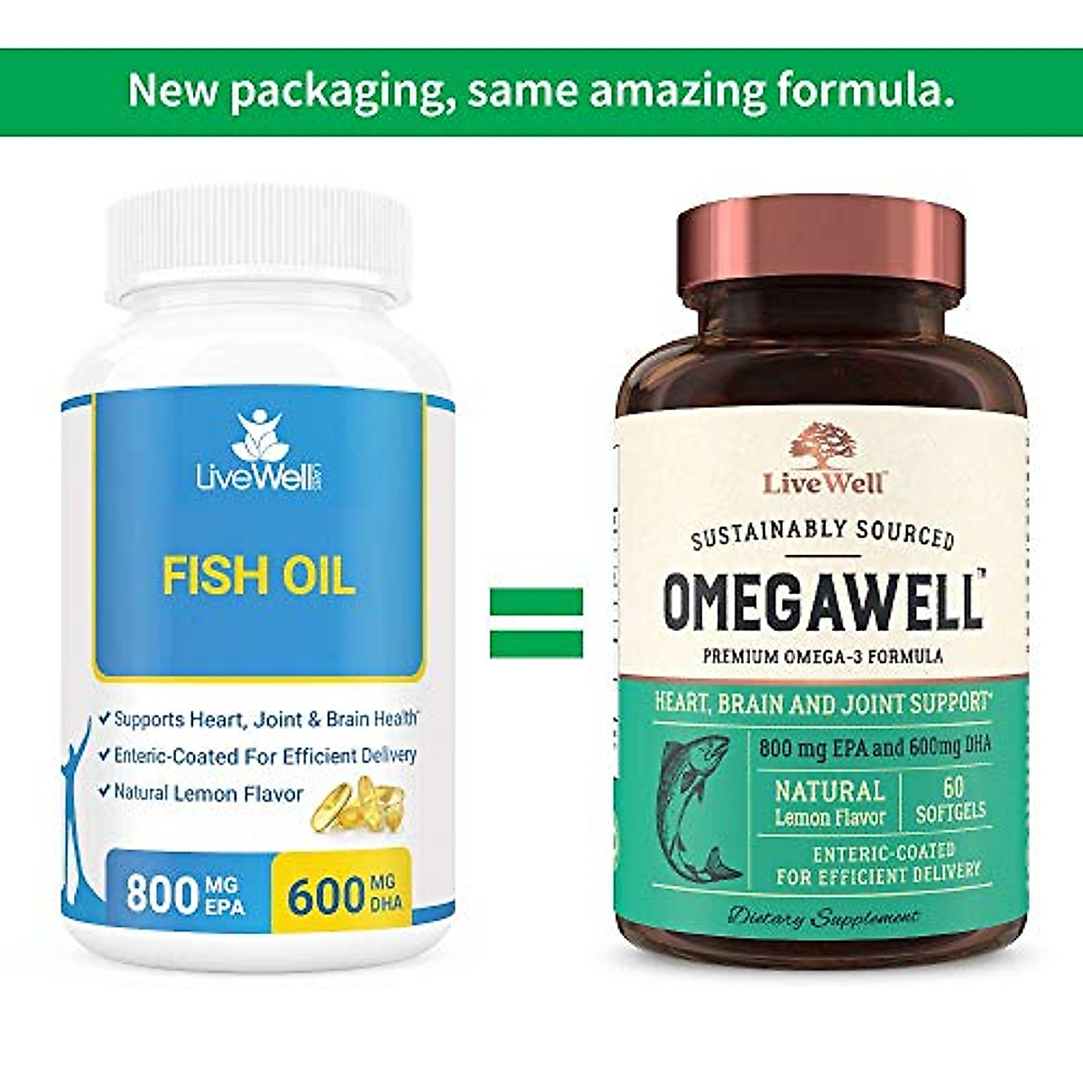 OmegaWell Fish Oil: Heart, Brain, and Joint Support | 800 mg EPA 600 mg DHA - Natural Lemon Flavor, Enteric-Coated, Sustainably Sourced - Easy to Swallow 90 Day Supply