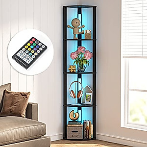 Tribesigns Corner Display Shelf with 6 Color Lights, Corner Bookshelf Bookcase with LED Lighting, Dimmable Standing Floor Lamp Curio Shelving Unit for Living Room Bedroom Home Office Decor