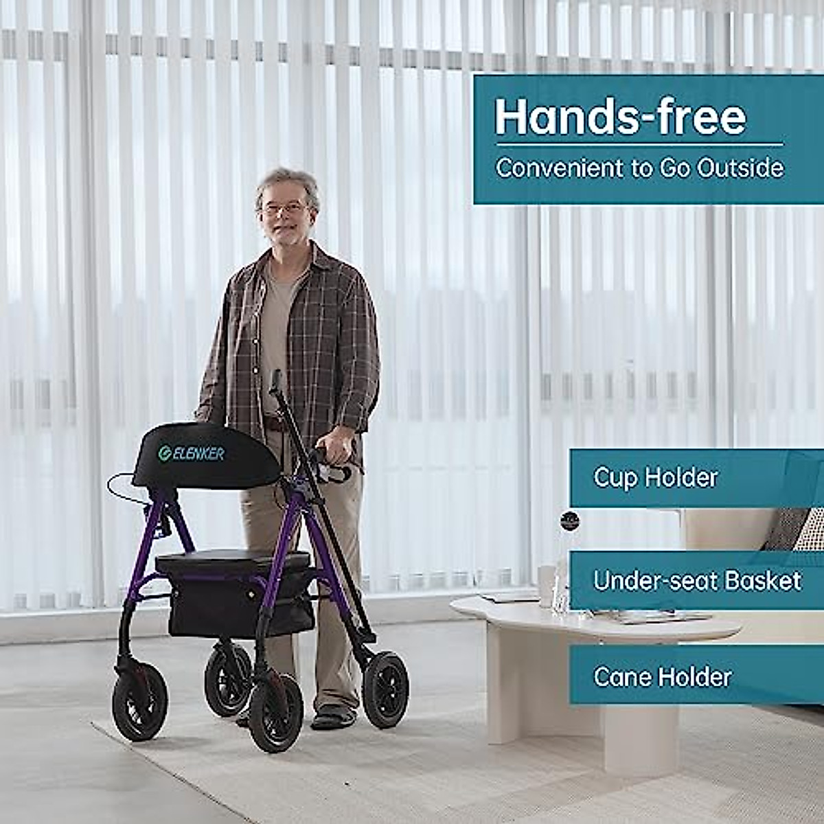 ELENKER All-Terrain Rollator Walker with 10” Non-Pneumatic Wheels, Sponge Padded Seat and Backrest, Fully Adjustment Frame for Seniors, Purple