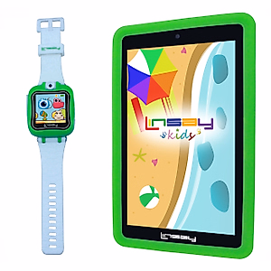 LINSAY® 7" Kids Funny Tablet Green with 1.5" Kids Smartwatch 90 Degree Selfie Camera Green