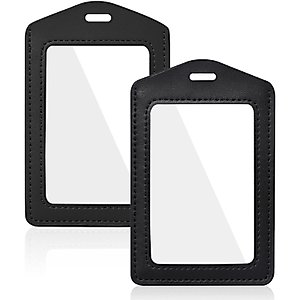 2 Pcs Genuine Leather ID Badge Holder Vertical Double-Side Clear Card Holder Waterproof Name Badge Holder for Office, Staff, Students, Employees(Black&Black)