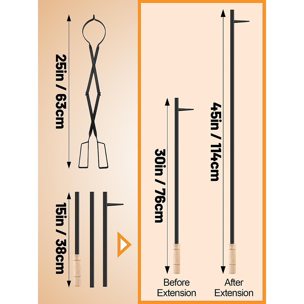 45in Extra Long Fire Poker - Blow Poke, 25in Fire Tongs, Portable Fire Pit Tools, Fireplace Poker and Tongs Set for Campfire Bonfires Wood Stove Firewood