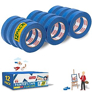 XFasten Blue Painters Tape Bulk 12-Pack 1 Inch x 60-Yards 2160ft Total, Wall Safe Blue Masking Tape 1 Inch Wide, Blue Paint Tape for Walls Paint Masking Tape Blue Tape Painters Masking Tape