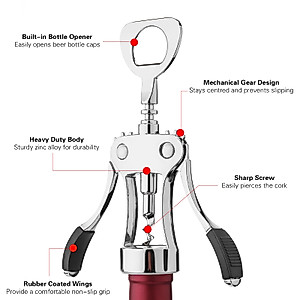 WOTOR Corkscrew Wine Opener, Zinc Alloy Wine Bottle Opener, Manual Multifunctional Wing Corkscrew for Waiters, Heavy Duty Wine Cork Remover, Silver