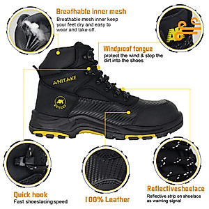 ANITAKE Steel Toe Work Boots, 6 Inch Leather Non-Slip Construction Boots for Men Safety Industrial Construction Boots for Men Puncture Resistance Work Shoes
