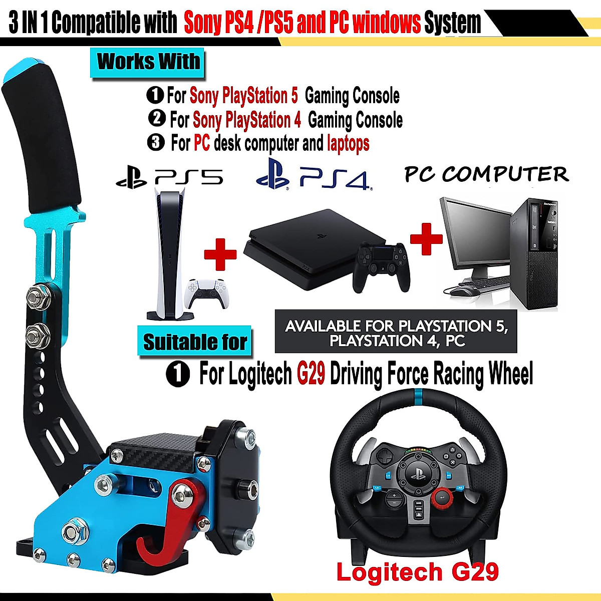 Obokidly Upgrade 2-IN-1 USB Handbrake Support G29 Compatible With PS4/PS5 + PC For Simracing Game Sim Rig With Clamp (Support G29 For PS5 With Clamp, Blue)