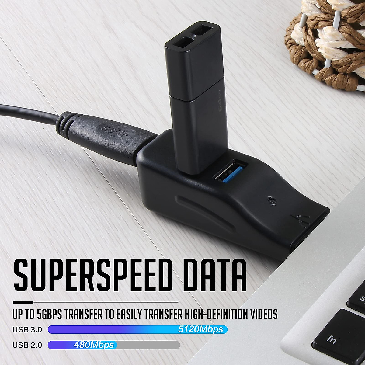 VCOM USB 3.0 Hub for Laptop, Portable 4-Port Data USB Splitter, Mini USB A Port Expander, 5Gbps Fast Data Transfe for Desktop Computer, Surface Pro, XPS, PC, Flash Drive, Mobile HDD, Keyboard, Mouse
