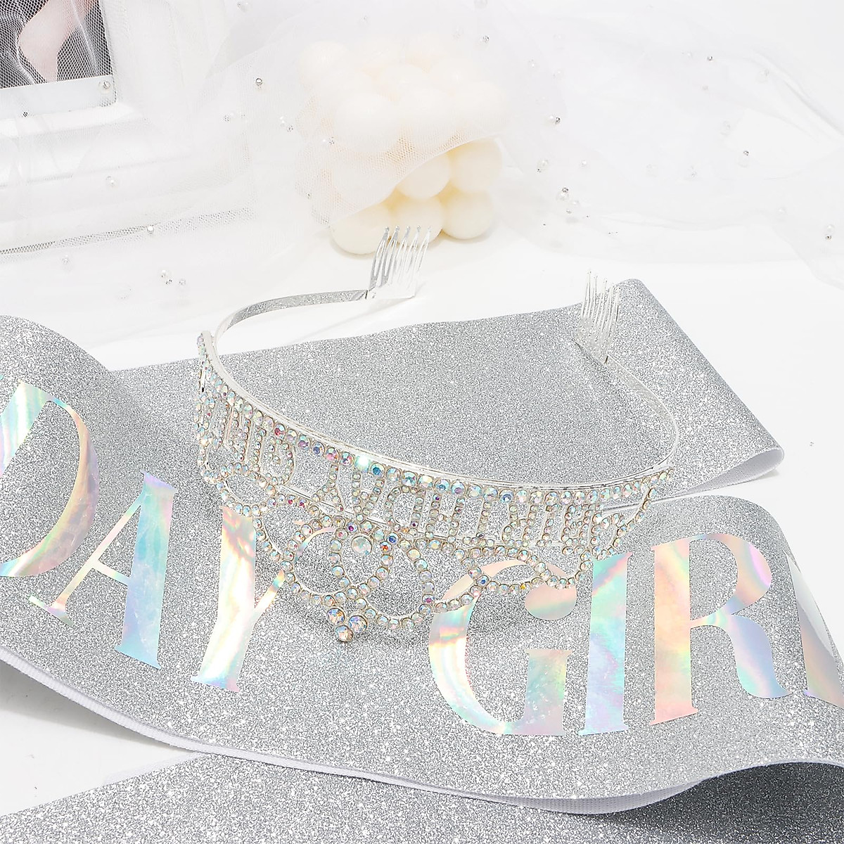 Chanaco Happy Birthday Crown for Women, Birthday Sash and Crown for Girls, Birthday Tiara and Sashes Kit, Rhinestone Crown Hair Accessories “BIRTHDAY GIRL” Sash for Party Favors