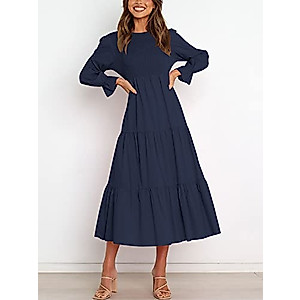 LOGENE Womens Round Neckline Shirred Bodice Maxi Dress Tiered Panel Skirt-6L55-zanglang-M Navy Blue