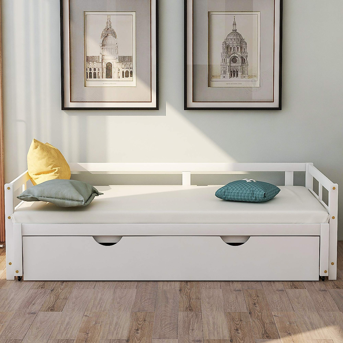 Flieks Daybed with Trundle Bed Twin to King Design Sofa Bed, 78.2" L x 79" W Extendable Bed Daybed for Bedroom Living Room (White)