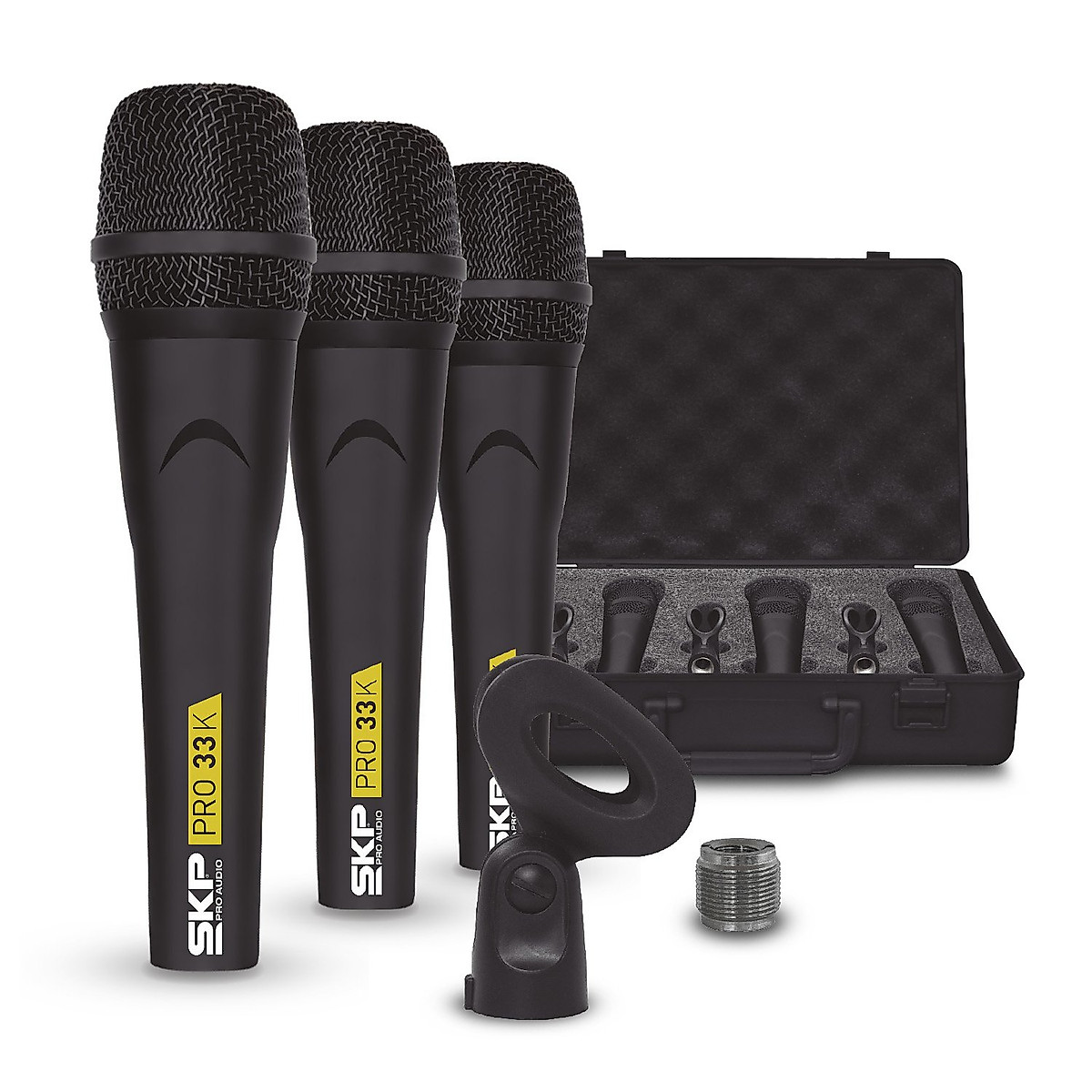 SKP Pro Audio Microphone for Singing, Concerts, Studio and Events - Professional PRO-33K Dynamic Cardioid 3 Microphones Kit - XLR Connectivity - Includes Mic Stand and Accessories