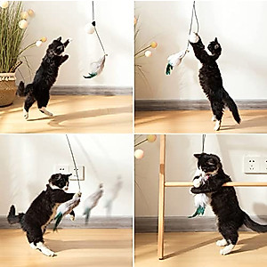 Otunrues Cat Feather Toys, Interactive Cats Toy for Indoor Cats, Hanging Cat Toys Doorway Retractable Cat Teaser Toy 4PCS Replaceable Natural Feathers Refills Play Exercise Puzzle Toys