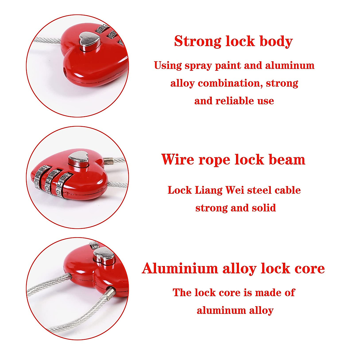 Generic 4-Piece Combination Lock with Heart Shape Code, Keyless and Resettable, Zinc Alloy Body and Hard Steel Rope, Ideal for Luggage, Backpacks, Jewelry Boxes, and More