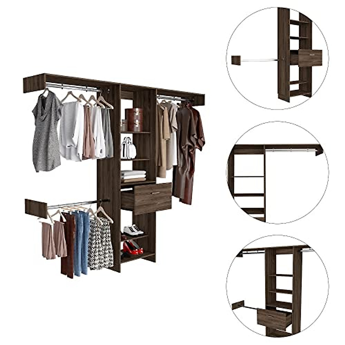 Manchester 250 Closet System with 5 Open Shelves, 1 Drawer, and 3 Metal Rods, Dark Walnut