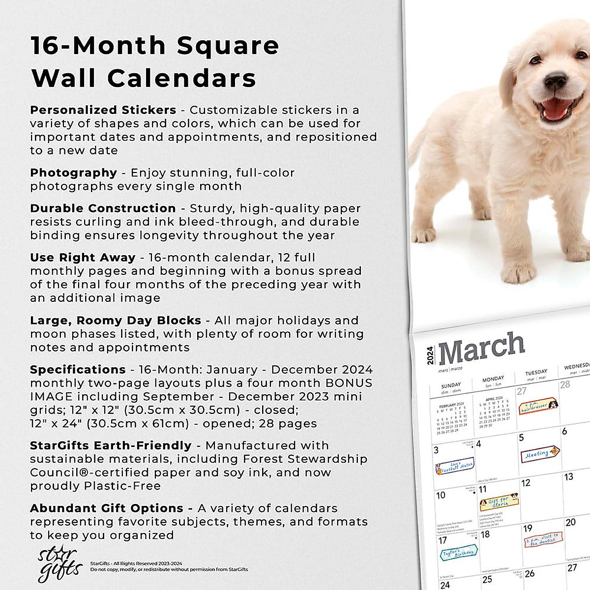 The Beauty of Golden Retriever Puppies | 2024 12 x 24 Inch Monthly Square Wall Calendar | Sticker Sheet | StarGifts | Animals Dog Breeds Puppy