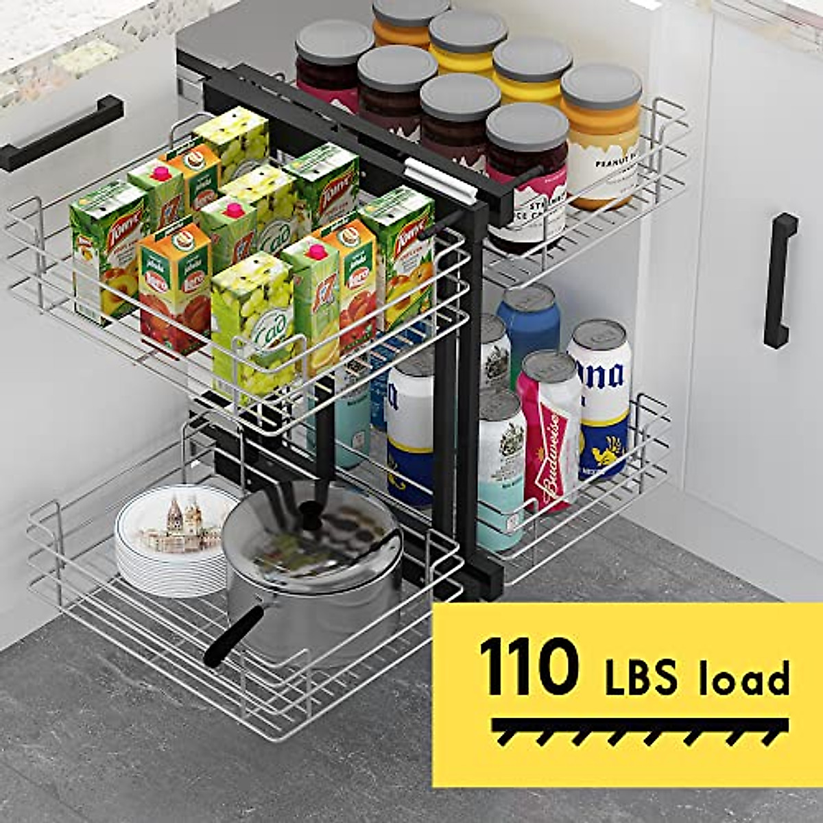 Blind Corner Cabinet Pull Out, 15in opening Soft Close Heavy Duty Kitchen Corner Cabinet Organizer, 4 chrome plated storage baskets, for cabinets Minimum size: 18.89"D*27.16"W*22.83"H