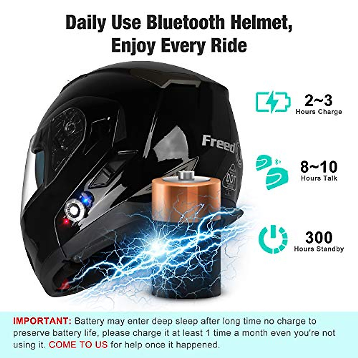 FreedConn Motorcycle Bluetooth Helmet BM2-S Flip Up Modular Bluetooth Motorcycle Helmet Voice Dial Hands-Free Call 500M 2-3 Riders MP3 FM DOT Motorcycle Helmet with Bluetooth 3.0 (Large, Gloss Black)