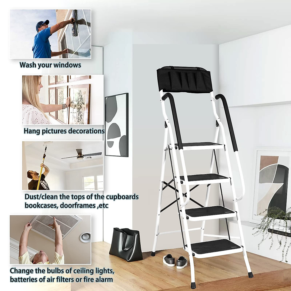 Portable Folding Step Ladder with Safety Handrails Anti-Slip Sturdy Large Area Pedal Steel Step Stool White and Black 4-Feet & Attachable Tool Bag for Kitchen Home and Office, Capacity: 500 lbs