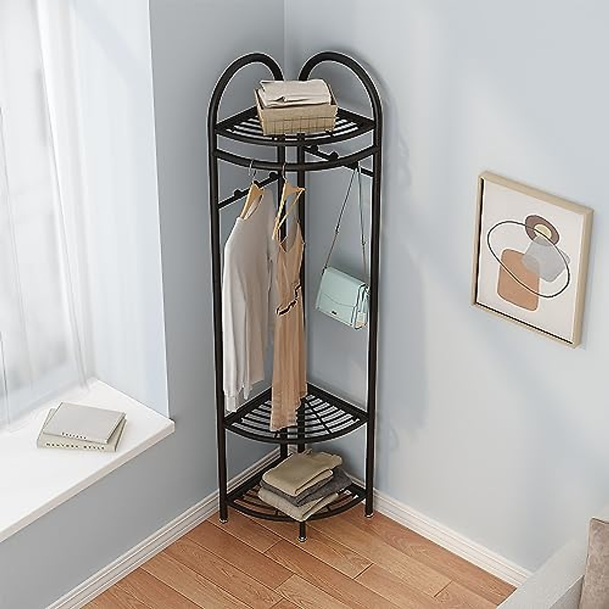 FLRH Black Corner Hall Tree, Freestanding Garment Rack with 6 Hooks and Storage Shelf, Metal Clothing Racks Coat Racks for Hallway, Entryway, Bedroom, Living Room, Office(Black)
