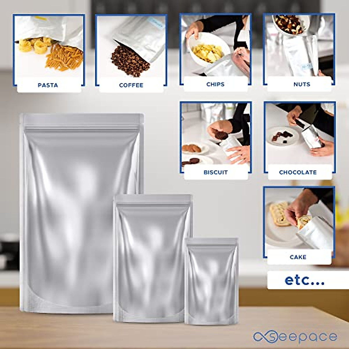 Seepace 100 Mylar Bags for Food Storage with Oxygen Absorbers 400cc(10 pack of 10) - 1 Gallon (30pcs) - 1 Quart (30pcs) - 1/2 Pint (40pcs) - 10 Mil Thick - 112 Labels - 10 Sealing Clips for Mylar Bags