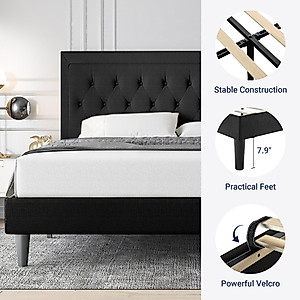 Allewie Full Size Upholstered Platform Bed Frame with Adjustable Headboard, Button Tufted, Wood Slat Support, Easy Assembly, Black