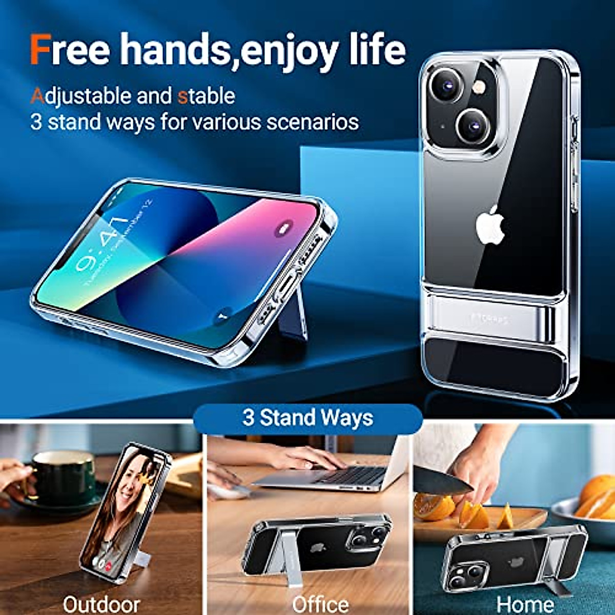 TORRAS MoonClimber for iPhone 14 Case for iPhone 13 Case, [3 Stand Ways] [Non-Yellowing & Military Grade Shockproof] Protective Slim Hard Clear Phone Case with Stand 6.1'' 2022, Crystal Clear