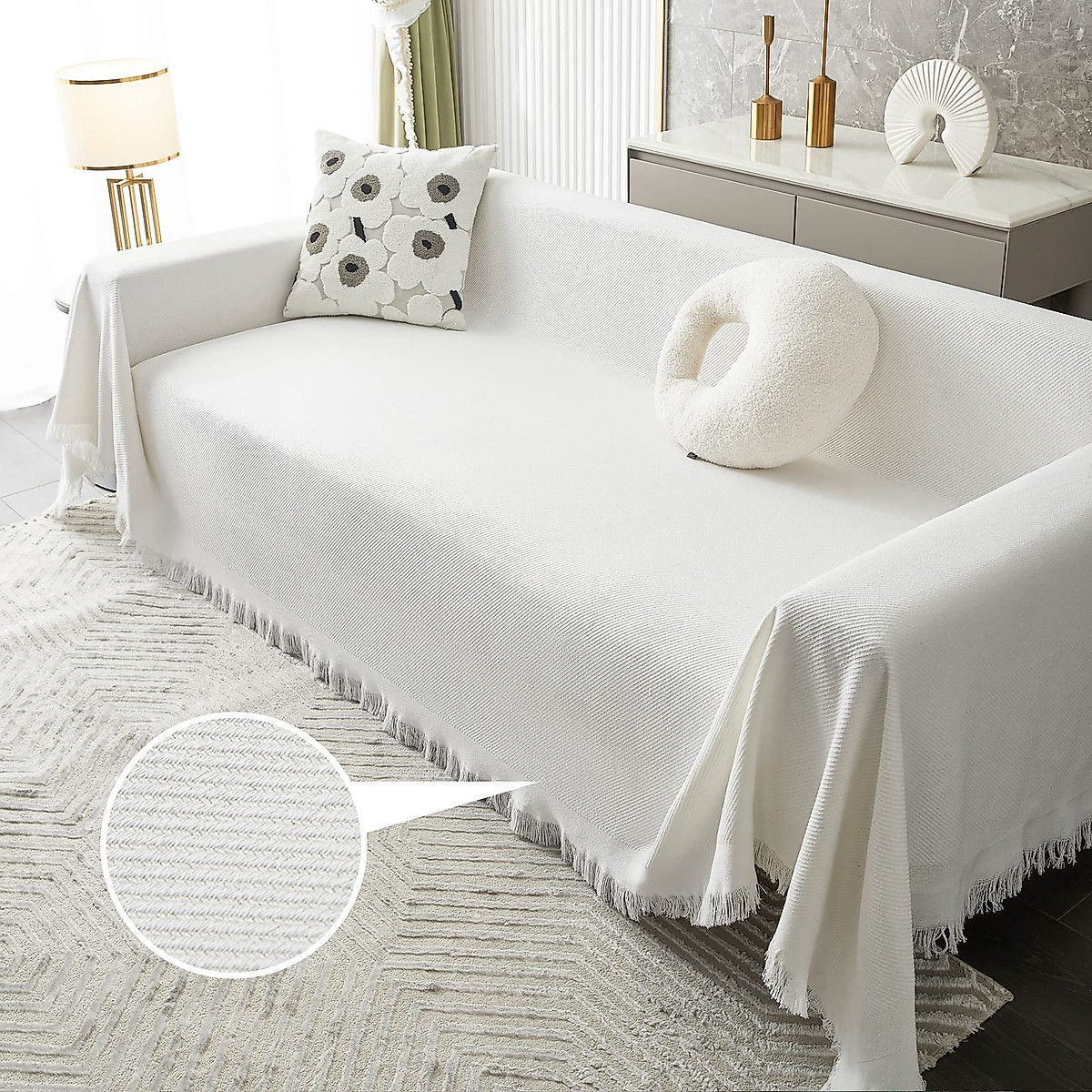 MYSKY HOME Couch Covers for 2 Cushion Couch Sofa Slipcovers Geometrical Sofa Covers for Living Room Sectional Sofa Covers for Dogs (X-Large, 71" x 118", White)