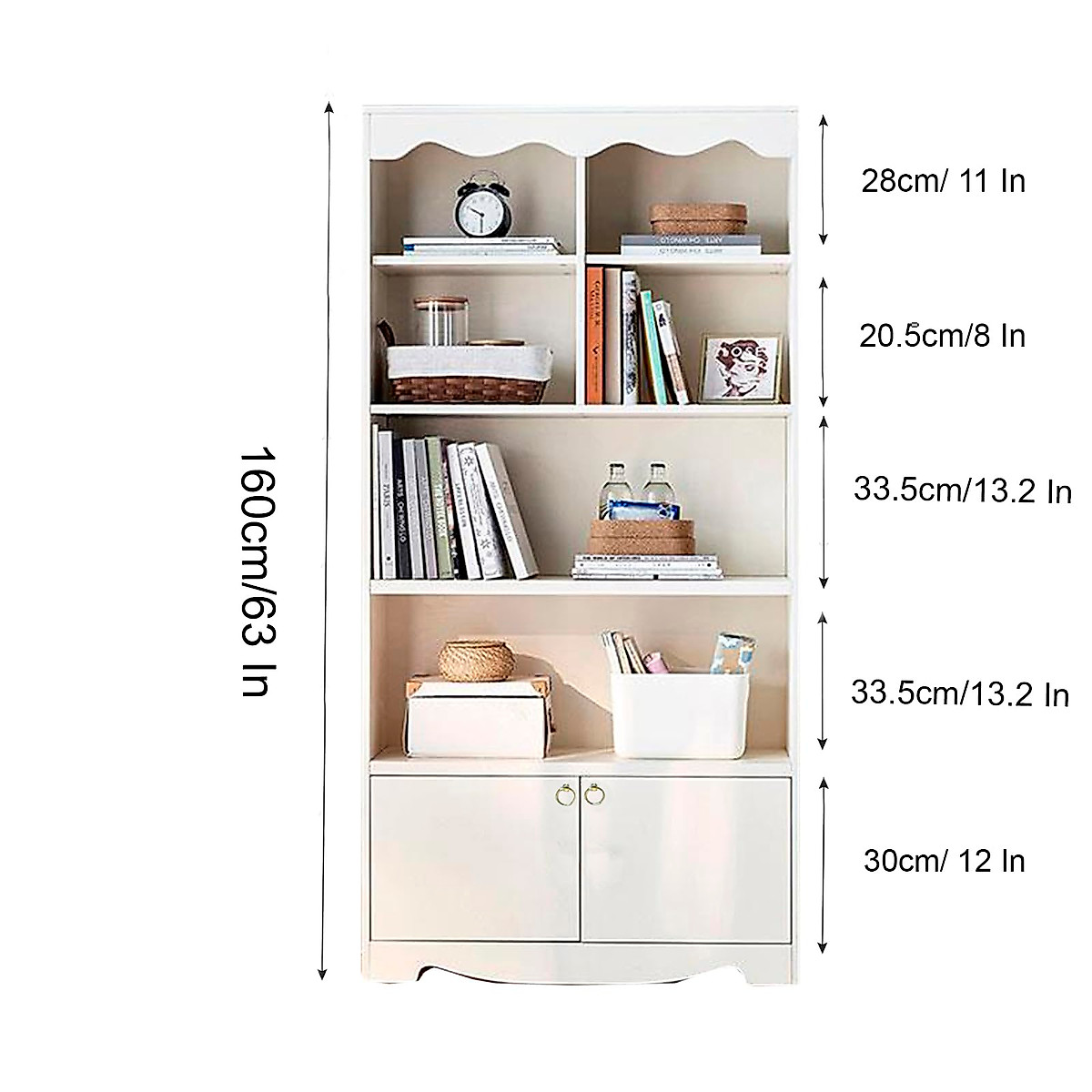JoanKaren 63 Inches Tall Storage Cabinet, 5-Tier Bookcase, Wooden Bookshelf Storage Organizer, Freestanding Display Storage Cabinet, White Bookcase and Bookshelf for Home Office, Living Room, Bedroom