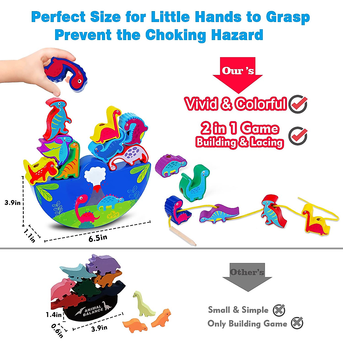 Wooden Stacking Dinosaur Toys for Kids 3-5 - Dino Lacing Beads for Toddlers 1-3 - STEM Building Blocks Montessori Toys for 2 3 4 5 6 7 Year Old Boys Girls Gifts Toddler Activities Games Ages 2-4