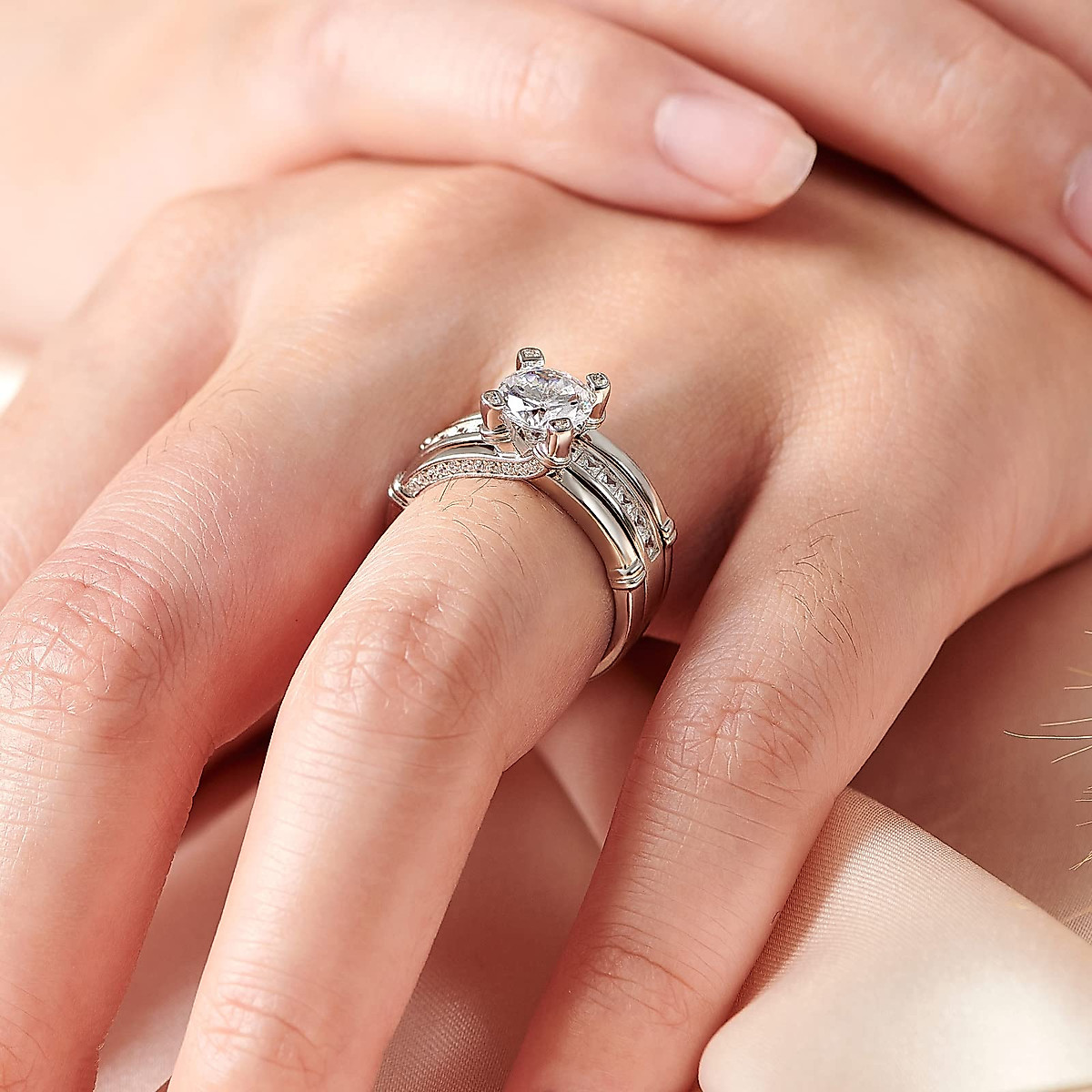 Blongme Wedding Engagement Rings Set for Women 925 Sterling Silver Round CZ Anniversary Band Promise Bridal Size 7