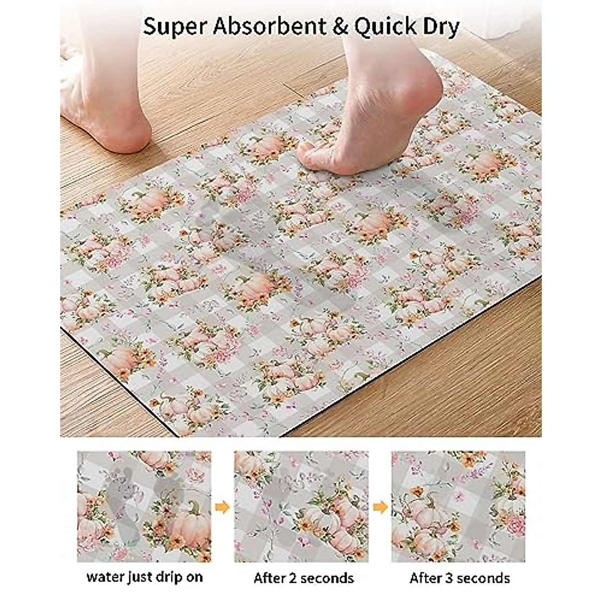 Pumpkin Sunflower Bath Mat for Tub,Non Slip Bathroom Floor Runner Rug Quick Dry & Absorbent Diatomaceous Earth Kitchen Shower Sink Washable Doormat,Thanksgiving Fall Eucalyptus Leaves Lattice 16"x24"