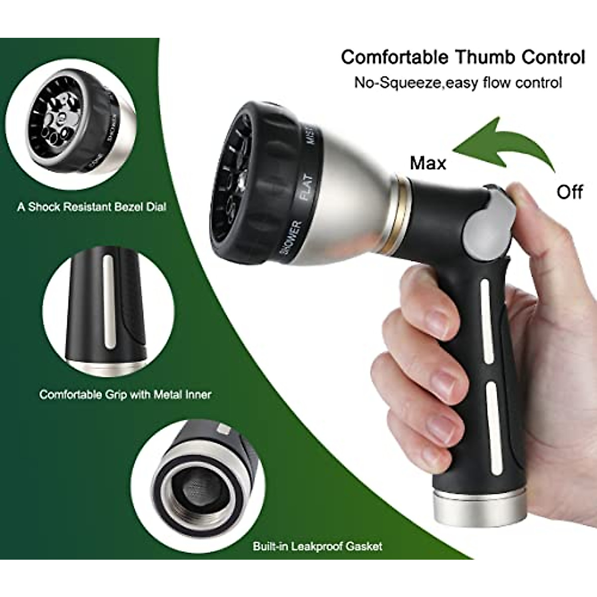 FANHAO Garden Hose Nozzle 100% Heavy Duty Metal, Water Hose Sprayer High Pressure with 8 Spray Patterns, Thumb Control, On Off Valve for Garden Watering, Car and Pet Washing